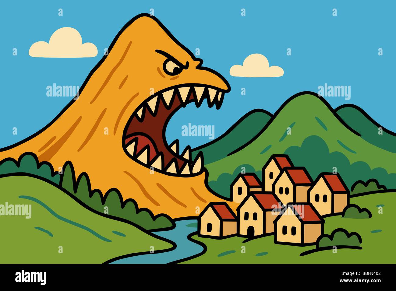 A furious mountain with teeth threatens to swallow a village. Rockfalls ...