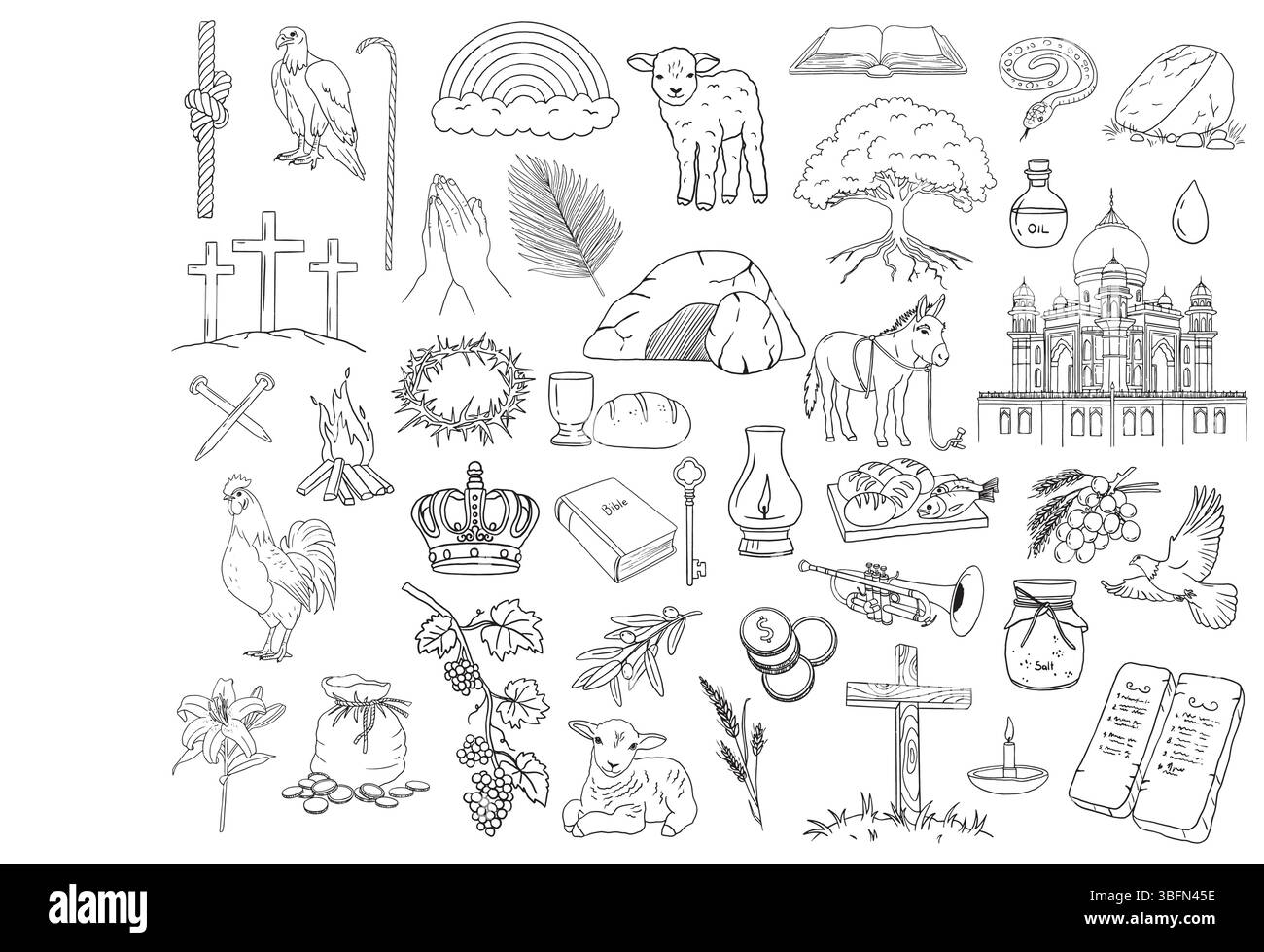 Christian Line Symbols Sketch, Religion Hand Drawn Art, Biblical symbols doodle. Vector ...