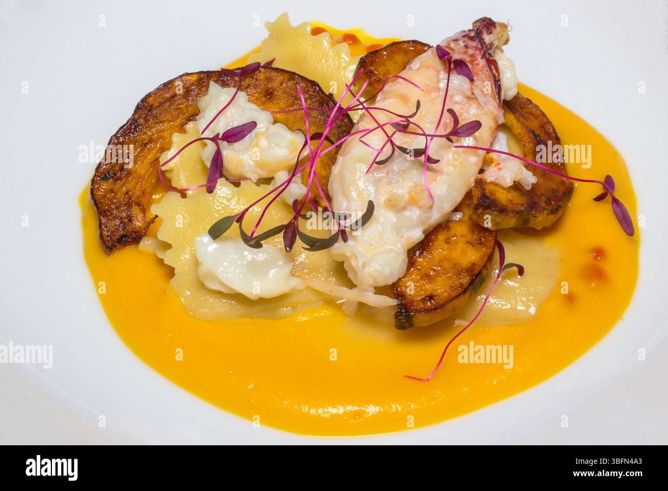 A chef plates lobster ravioli with squash and micro greens, creating an ...