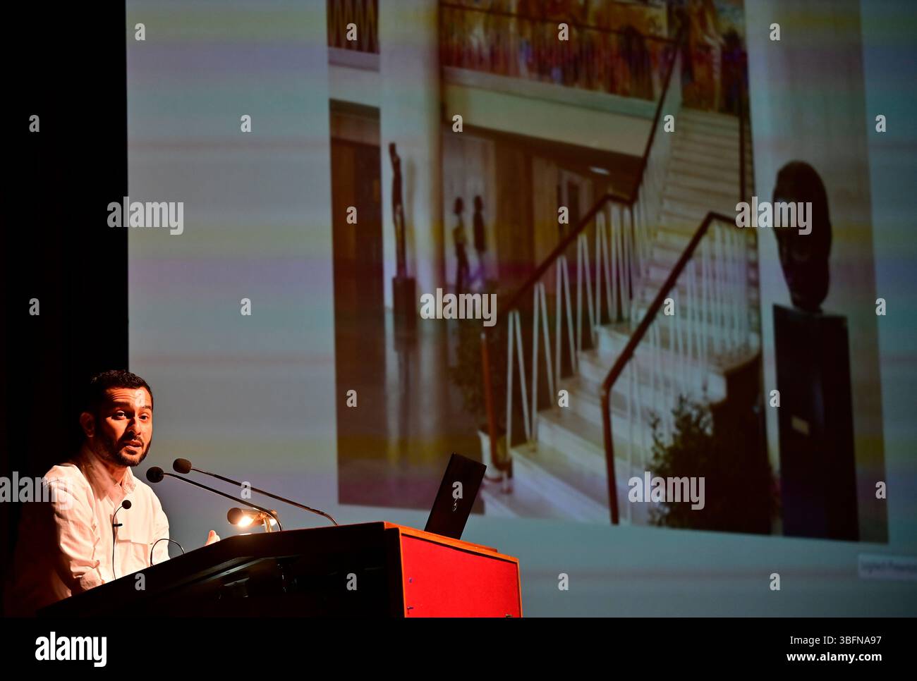 MUMBAI, INDIA - JUNE 2: Gallerist Mortimer Chatterjee giving a lecture during TIFR 1st Art and ...