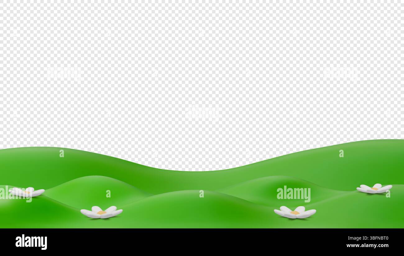 3D cartoon green grass with white flowers. Cute summer nature scene. A ...