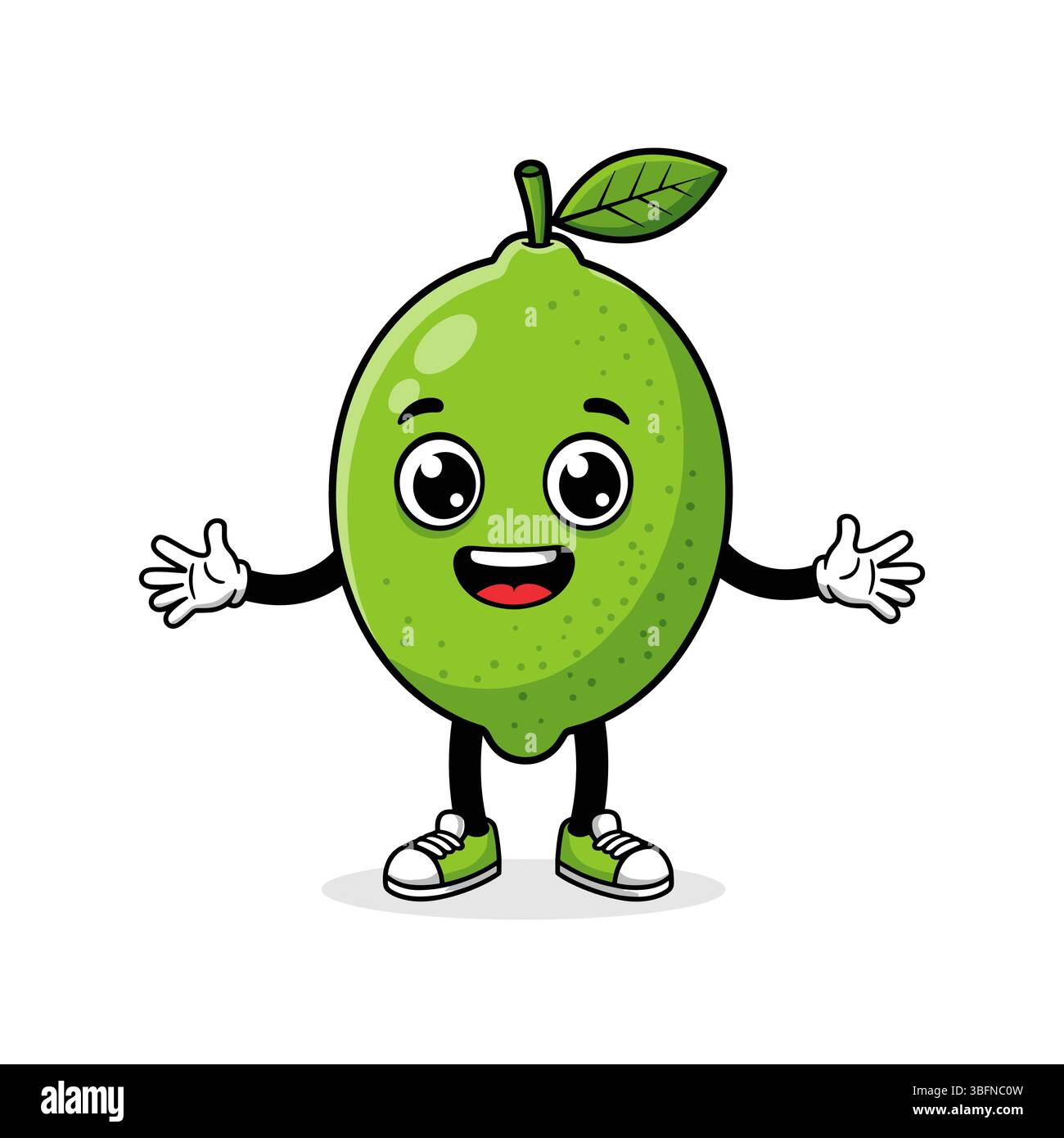 A flat vector cartoon lime character with big eyes, arms, and sneakers ...
