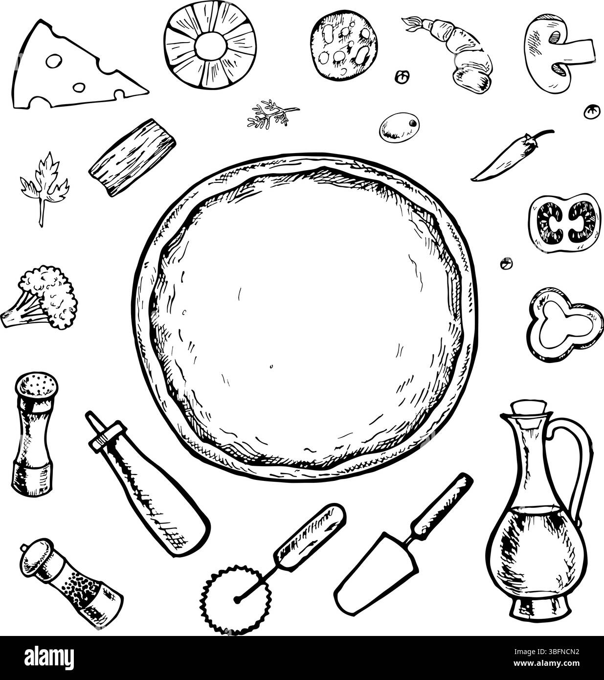 Pizza constructor. Vector graphics, black and white hand-drawn ...