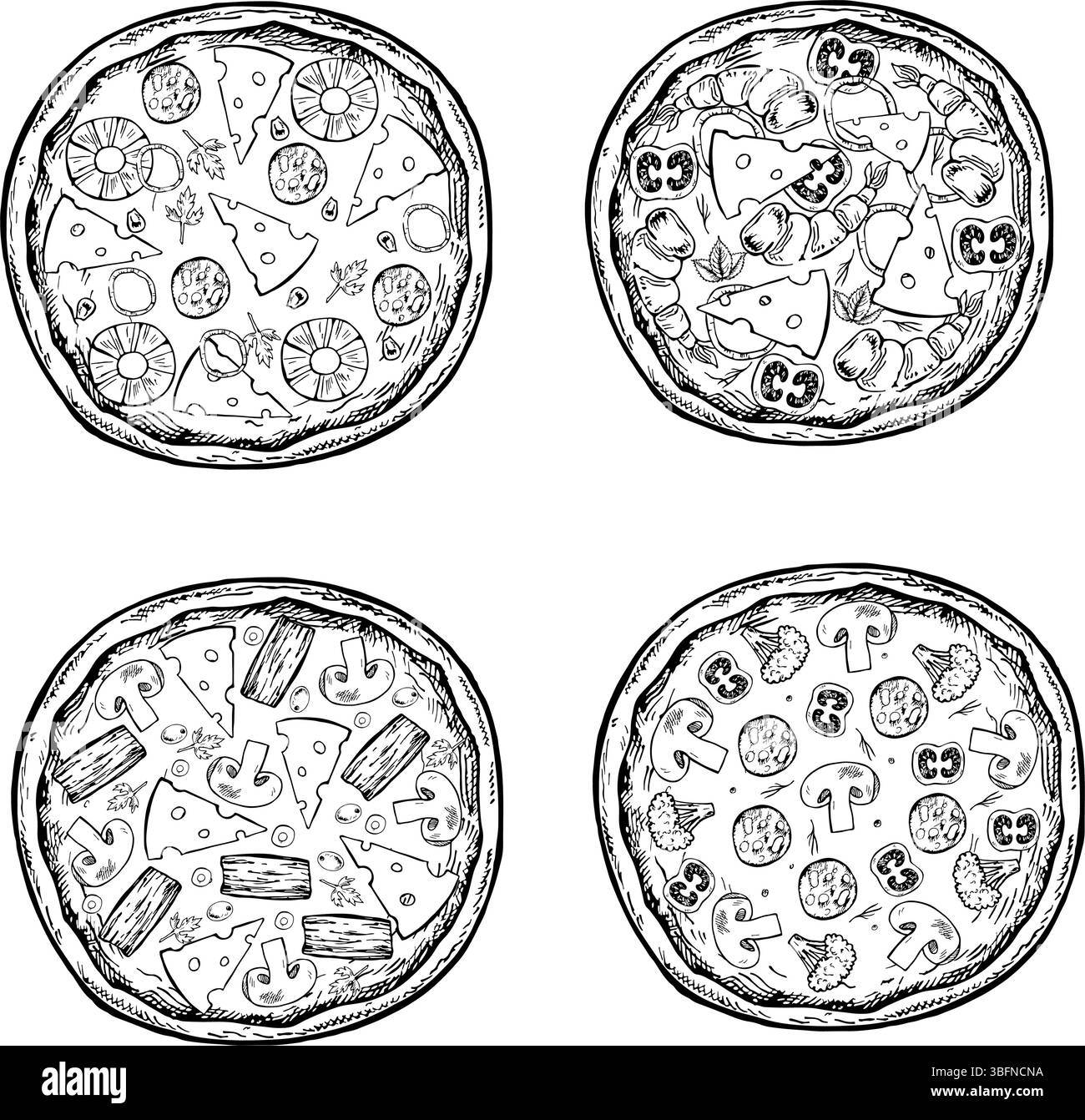 A set of whole, round pizzas. Vector graphics, hand-drawn black and ...