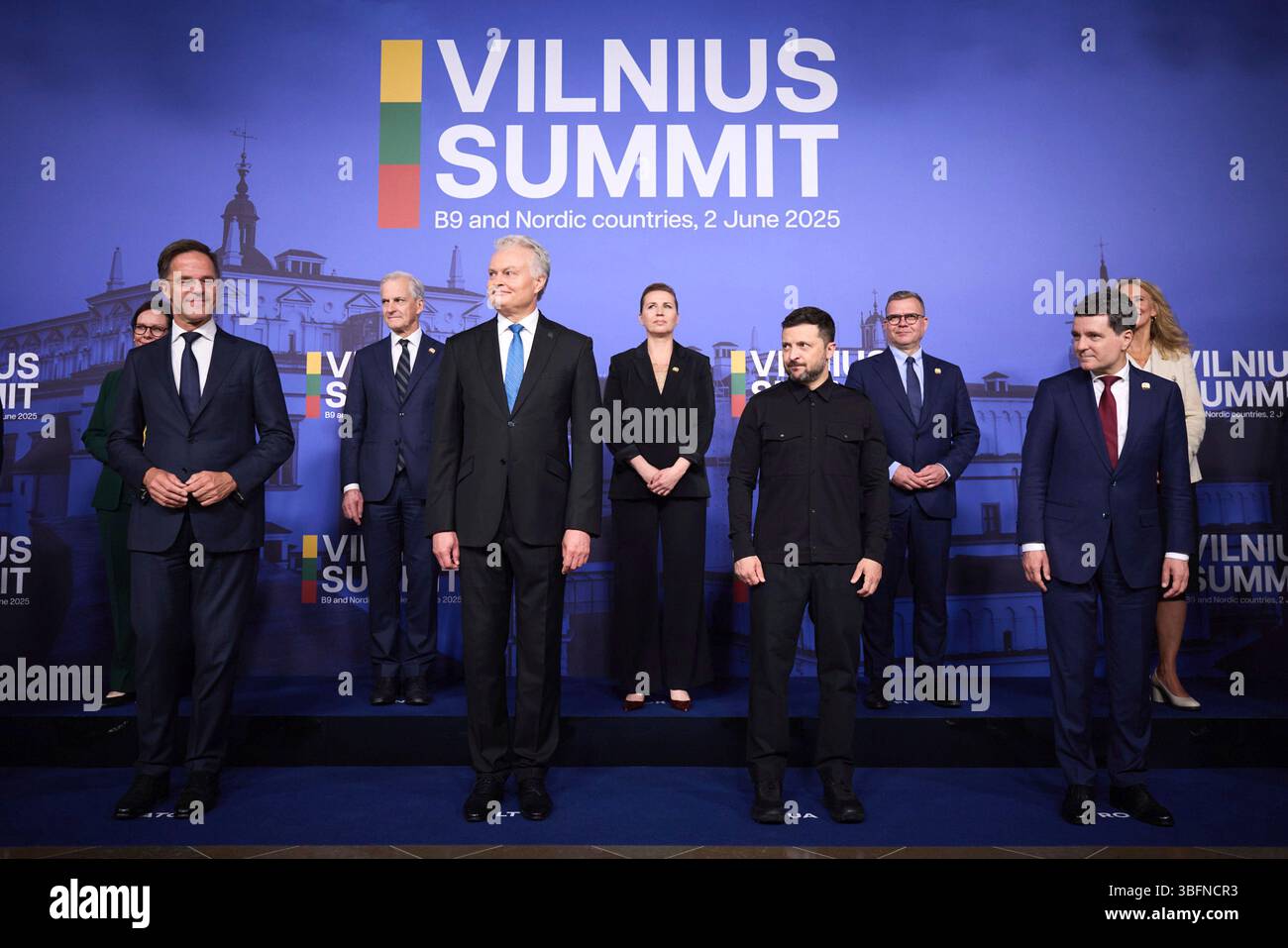 Vilnius, Lithuania. 02 June, 2025. Ukrainian President Volodymyr Zelenskyy, stands with leaders ...