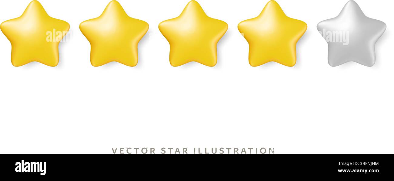 Four glossy gold stars in row for customer review. 3d realistic vector ...
