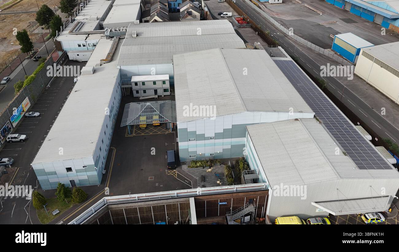aerial view of Roath Lock studios, BBC Wales drama studios in Cardiff Bay, home to TV programs ...
