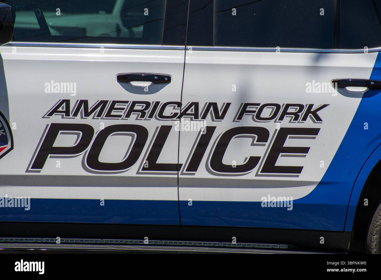 American Fork, Utah – June 2, 2025. Police vehicles are parked outside ...