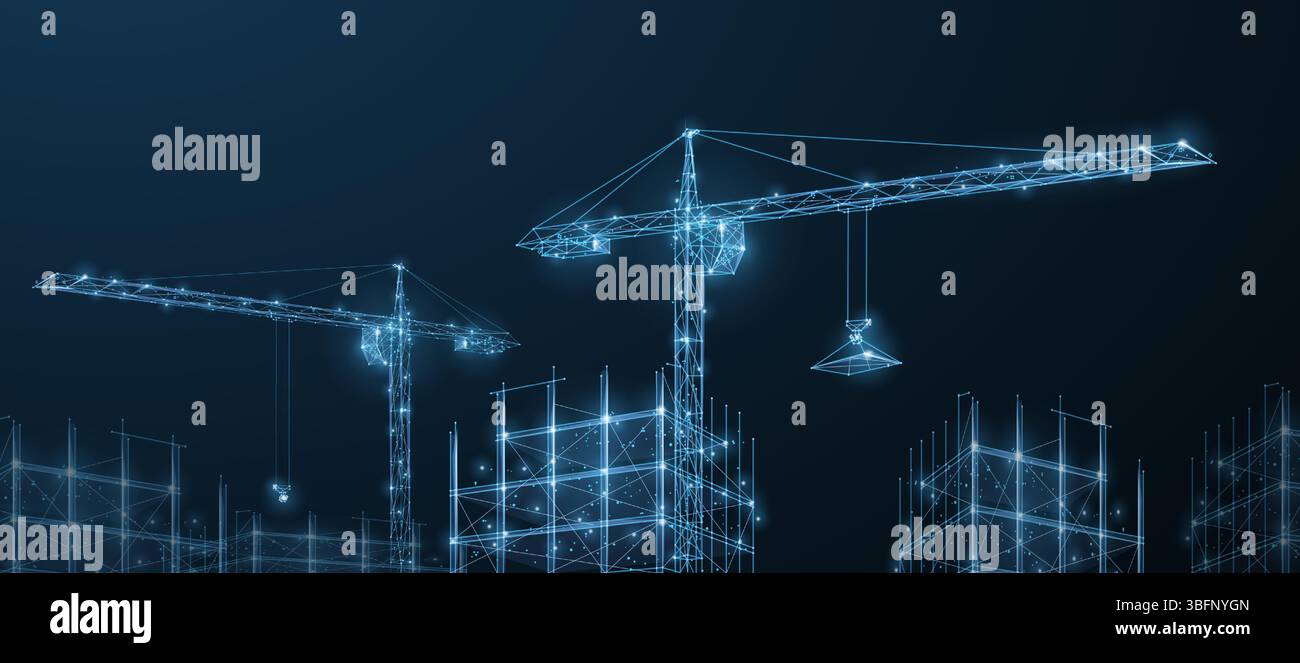 Construction. Polygonal wireframe building under crune on dark blue ...