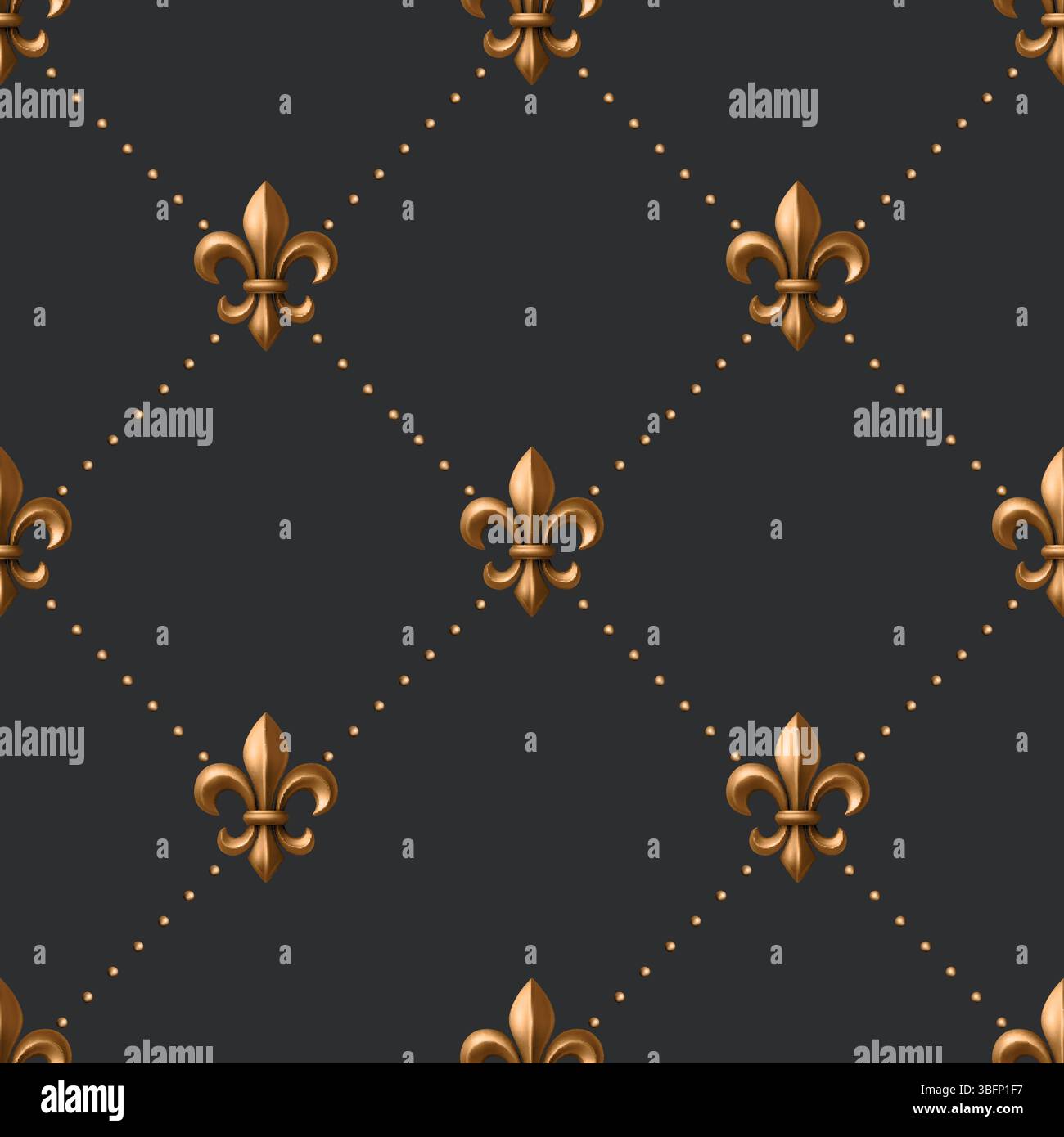 Vector Luxury Fleur-de-Lis Seamless Pattern. Golden Royal Heraldic Symbol on Elegant Dark ...