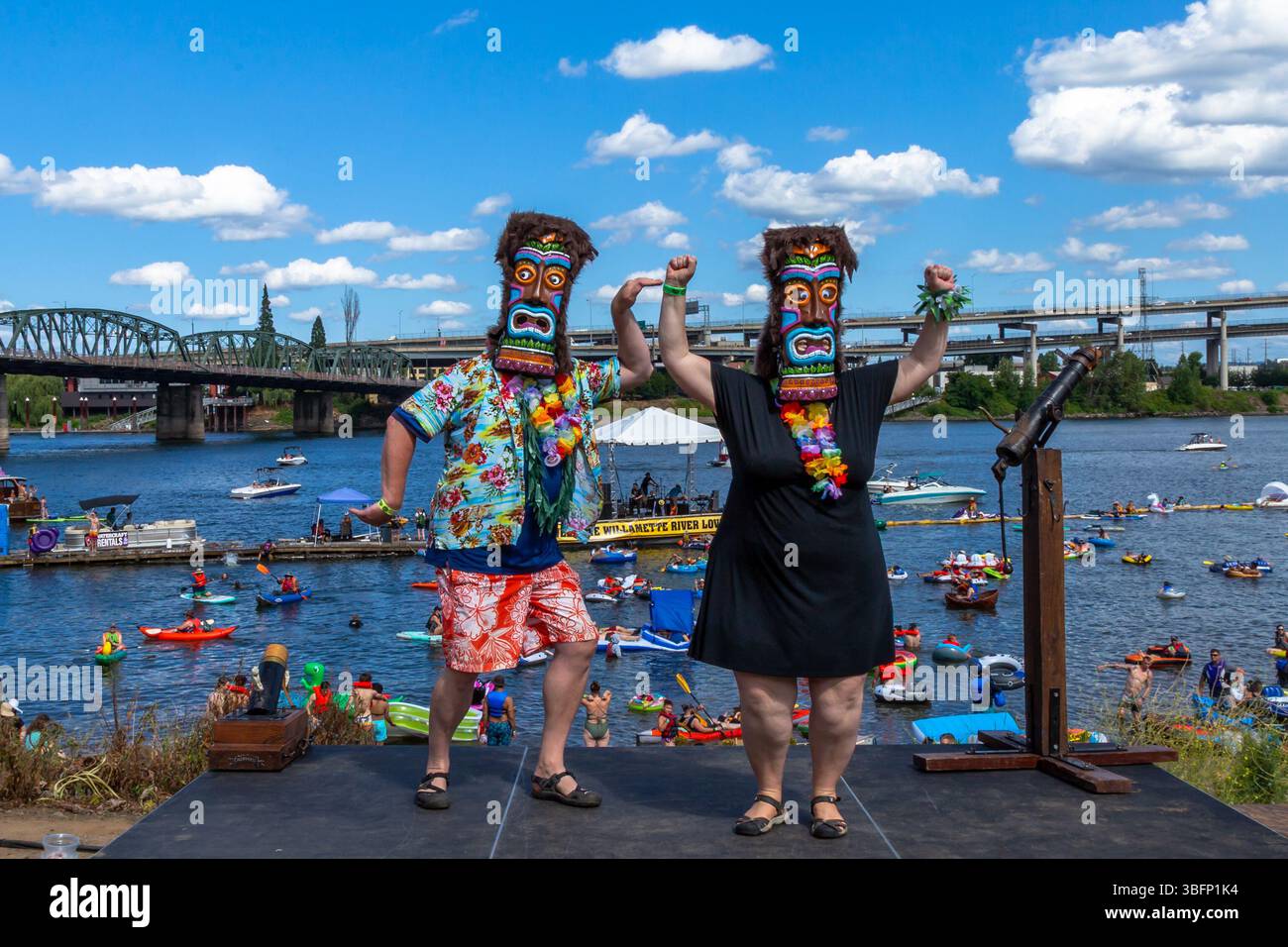 The Big Float, Portland, Oregon - July 13th 2019: Two people in tiki ...