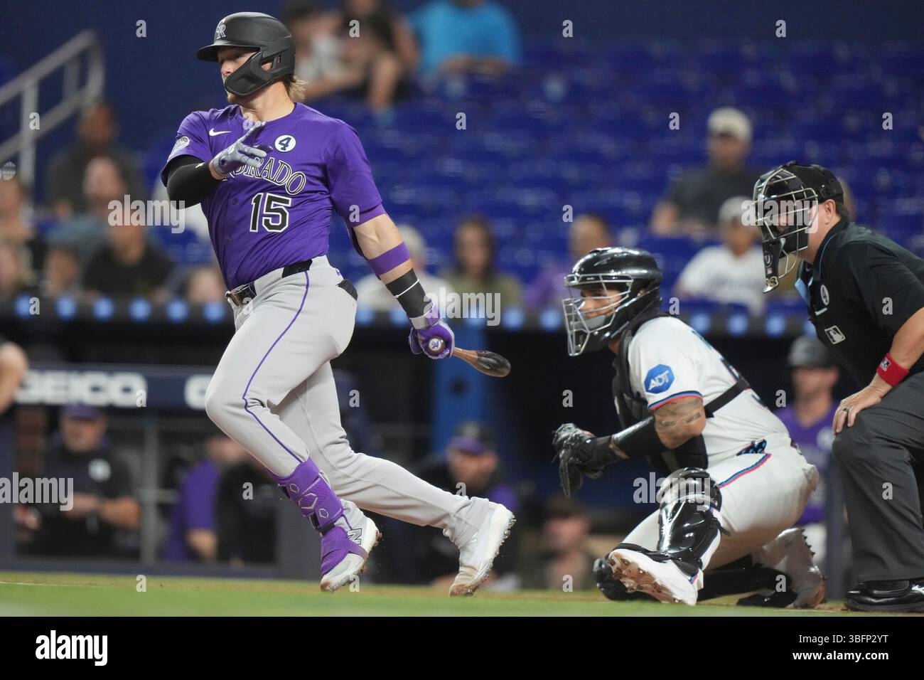 Colorado Rockies' Hunter Goodman (15) follows through on single during ...