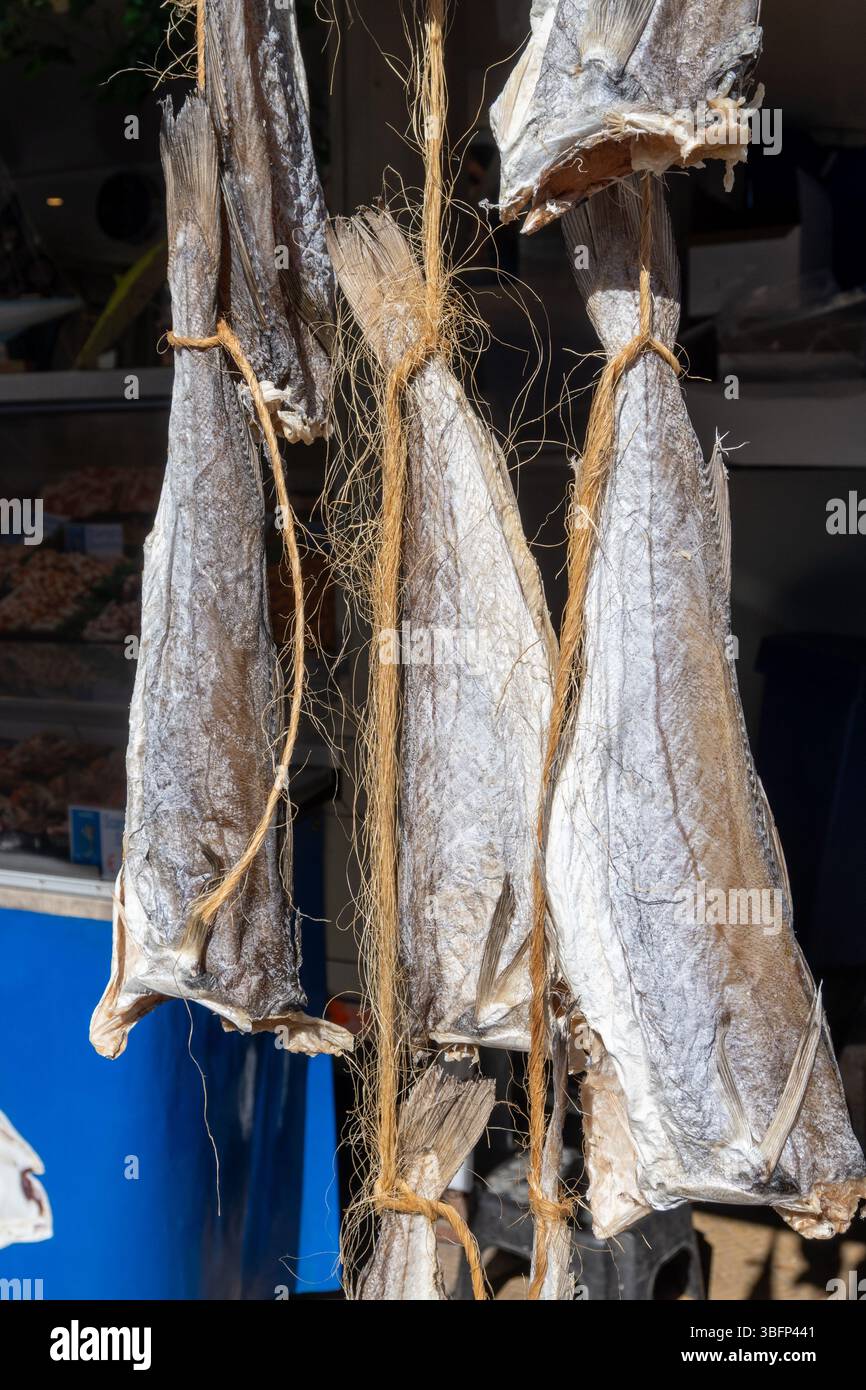 Dtied on air or salted stock cod fish on sea promenade in Oostende ...