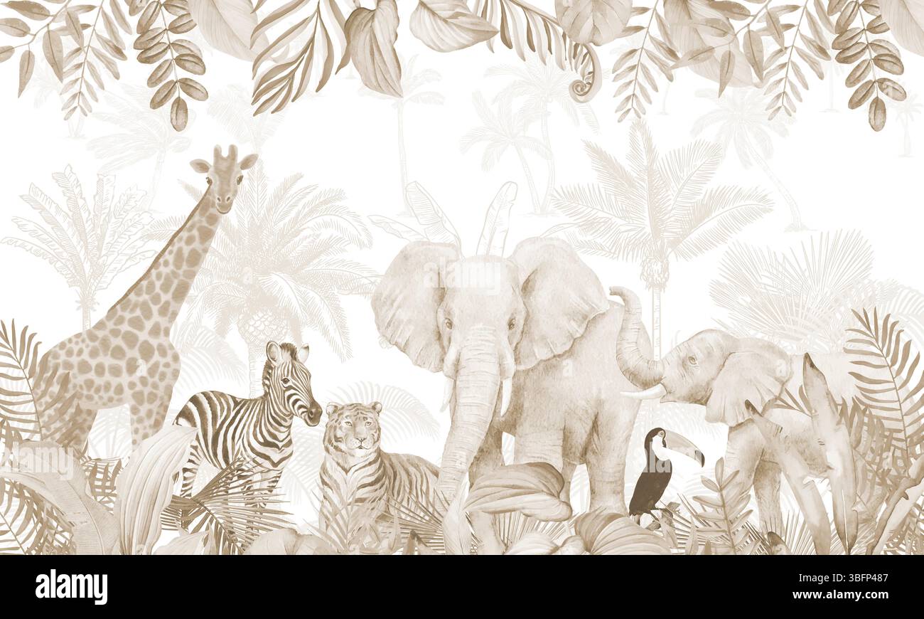 Vintage Safari Animals Wallpaper: Giraffe, Elephant, Zebra, Penguin ...