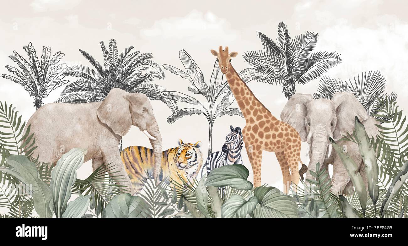 Vintage Safari Animals Wallpaper: Elephant, Giraffe, Zebra, Tiger in ...