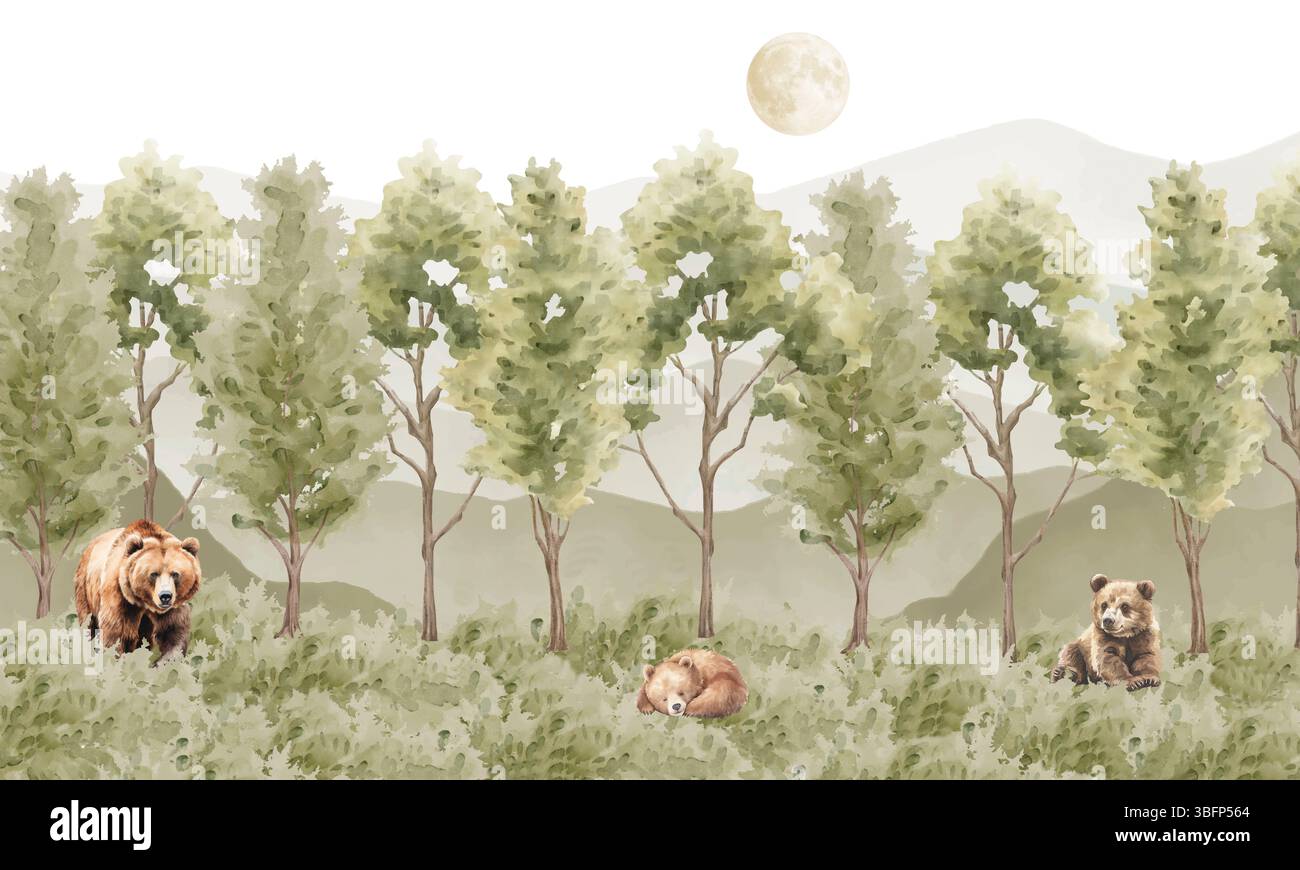 Forest Animals Wallpaper: Bears & Cubs Under Moon in Woodland Landscape ...