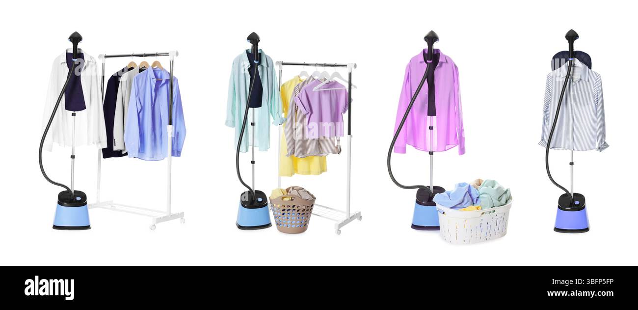 Modern upright steamer and clothes isolated on white, set Stock Photo ...