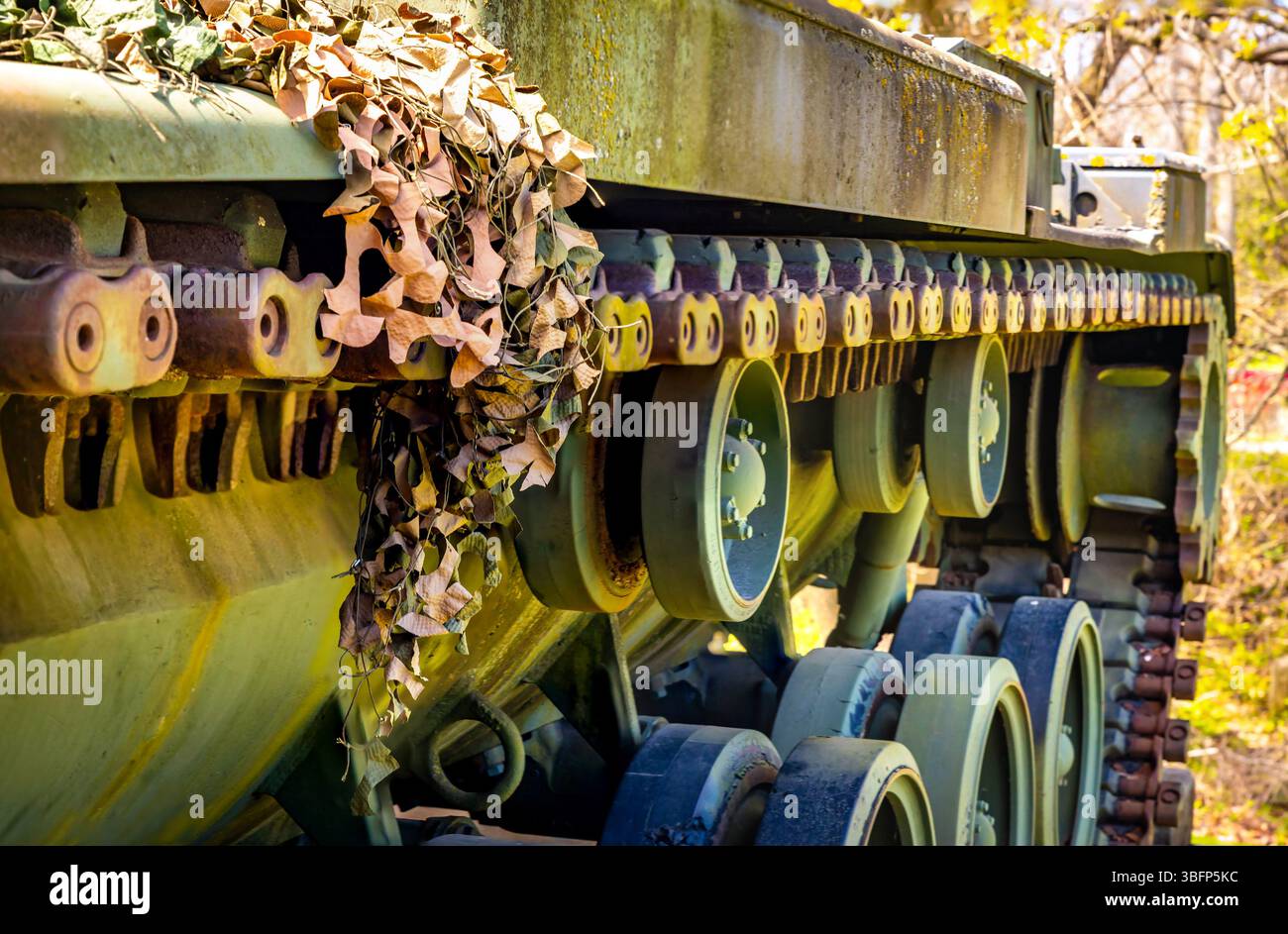 Detailed close-up view of an American military tank showing its armored ...