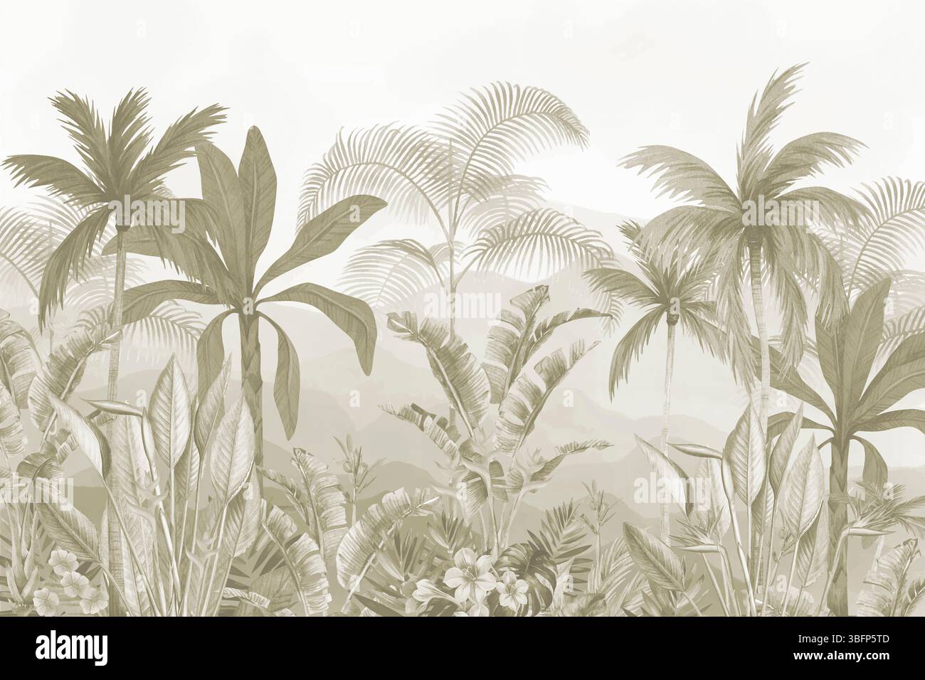 Subtle Green Tropical Forest with Palm Trees, Soft Botanical Landscape ...