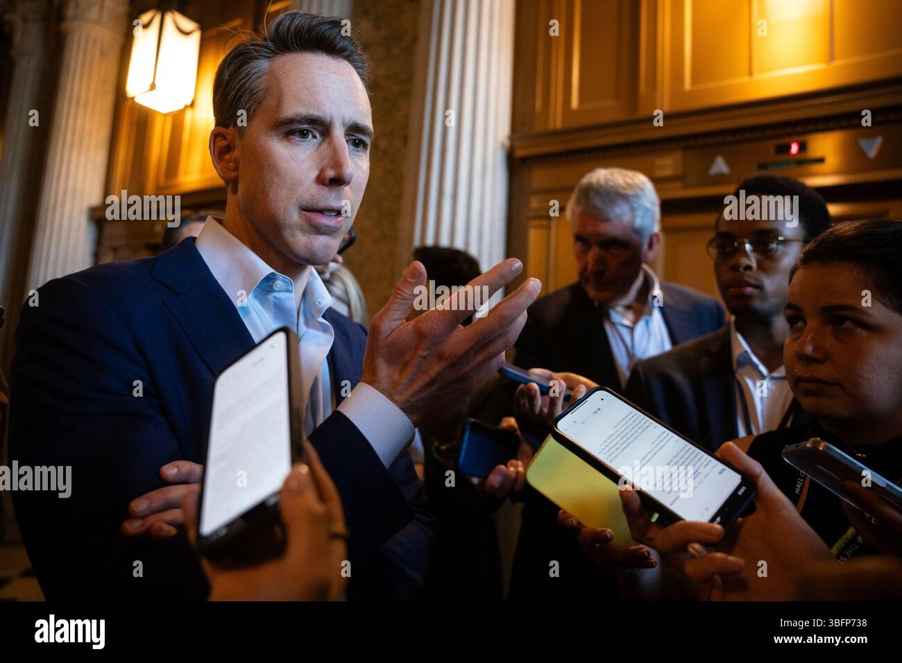 Sen. Josh Hawley (R-Mo.) speaks with reporters at the U.S. Capitol June ...