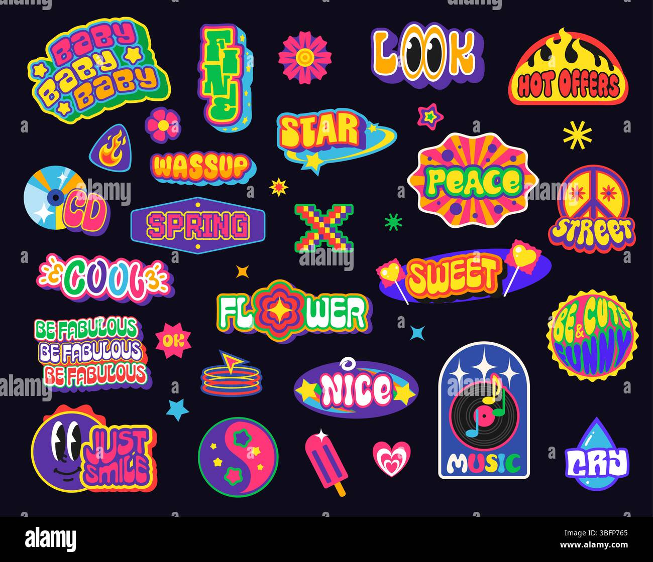 Y2k retro funky groovy stickers patch labels of vector abstract ...