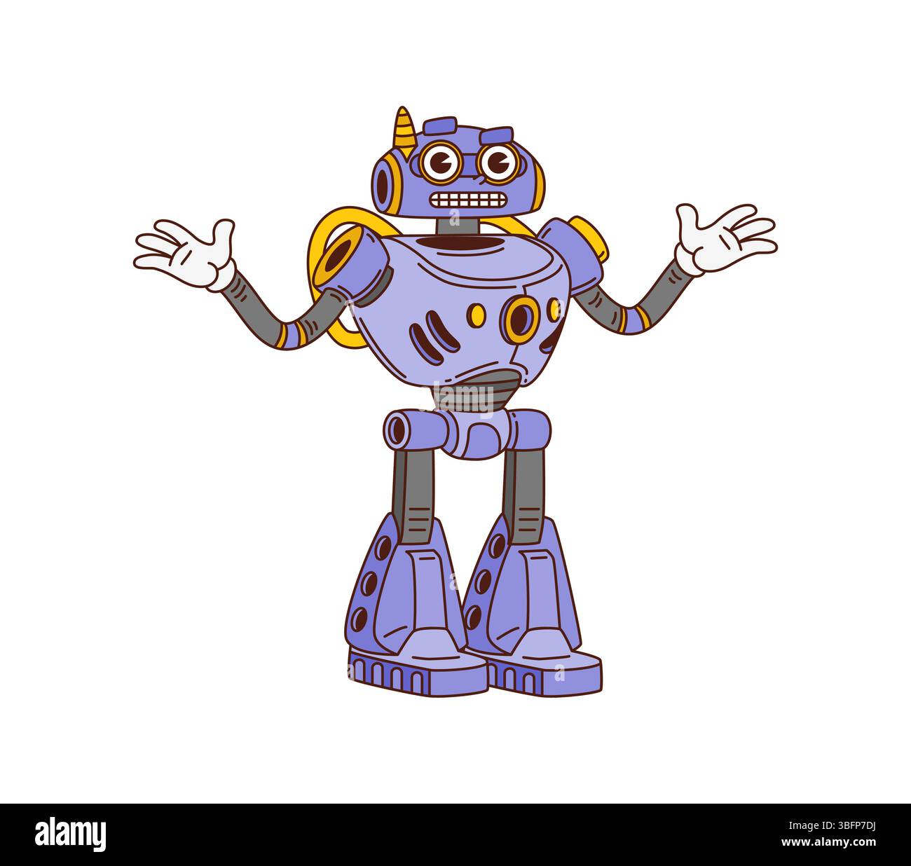 Cartoon groovy robot character with mechanical body, expressive face ...