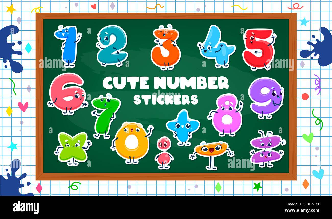Math number cartoon characters stickers with funny faces for ...