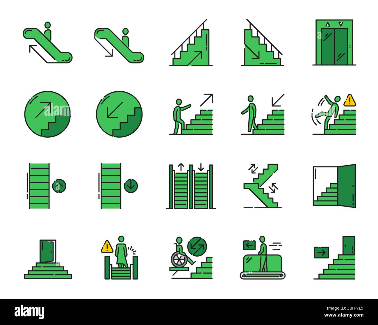 Stairs, escalator and elevator emergency exit color line icons ...