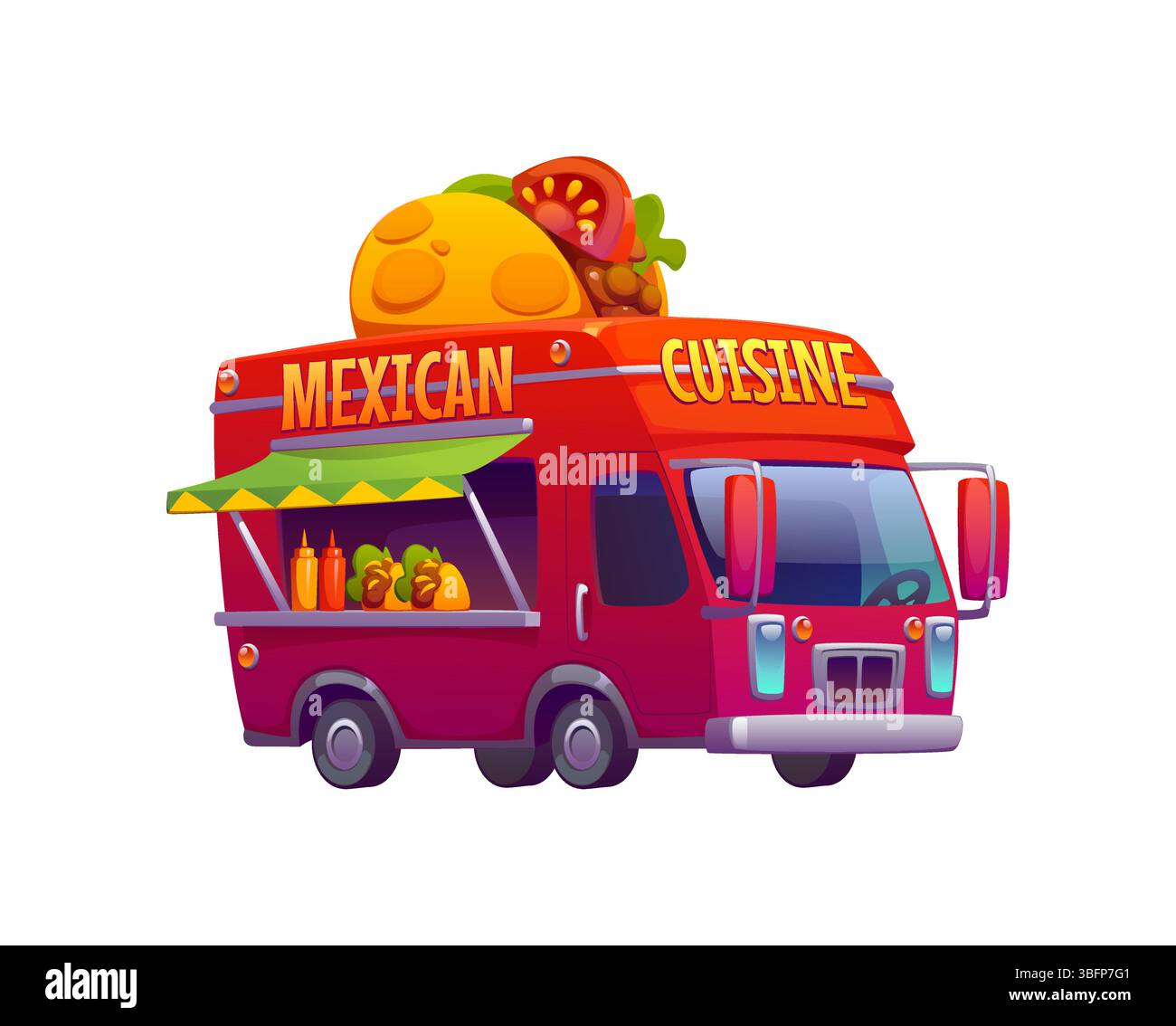 Food truck with Mexican cuisine tacos, street food festival vintage ...