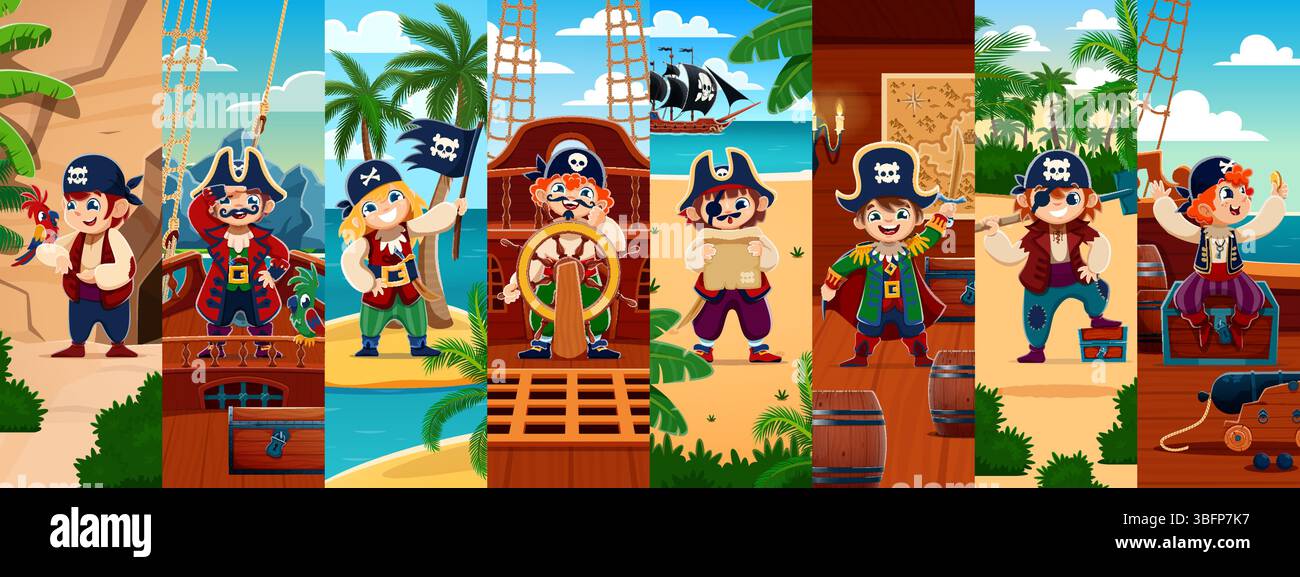 Cartoon kid pirate and corsair characters collage. Cheerful girls and ...