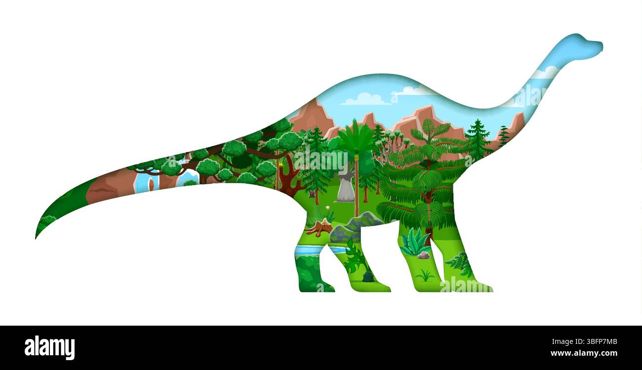 Dinosaur paper cut silhouette with prehistoric era landscape of ...