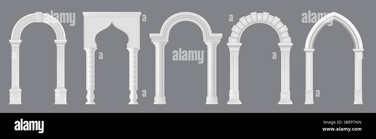 Realistic arches and pillar gates of palace or white marble archway ...