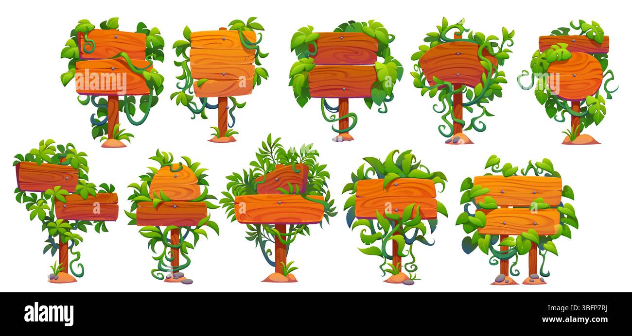 Cartoon wooden sign boards decorated tropical jungle leaves and lianas ...