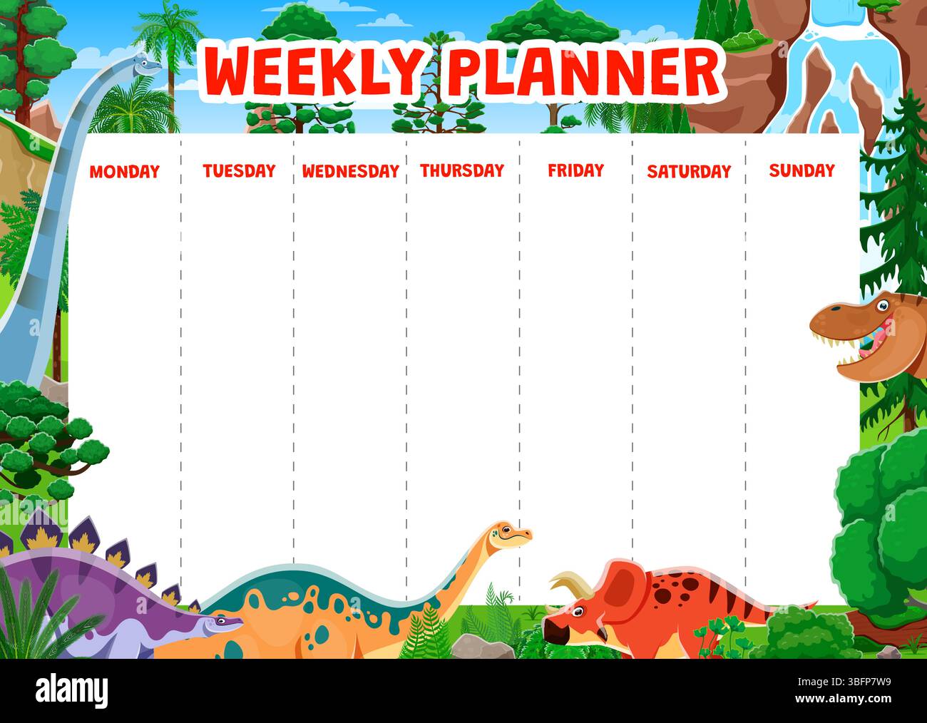 Kids weekly planner schedule with prehistoric dinosaurs characters ...