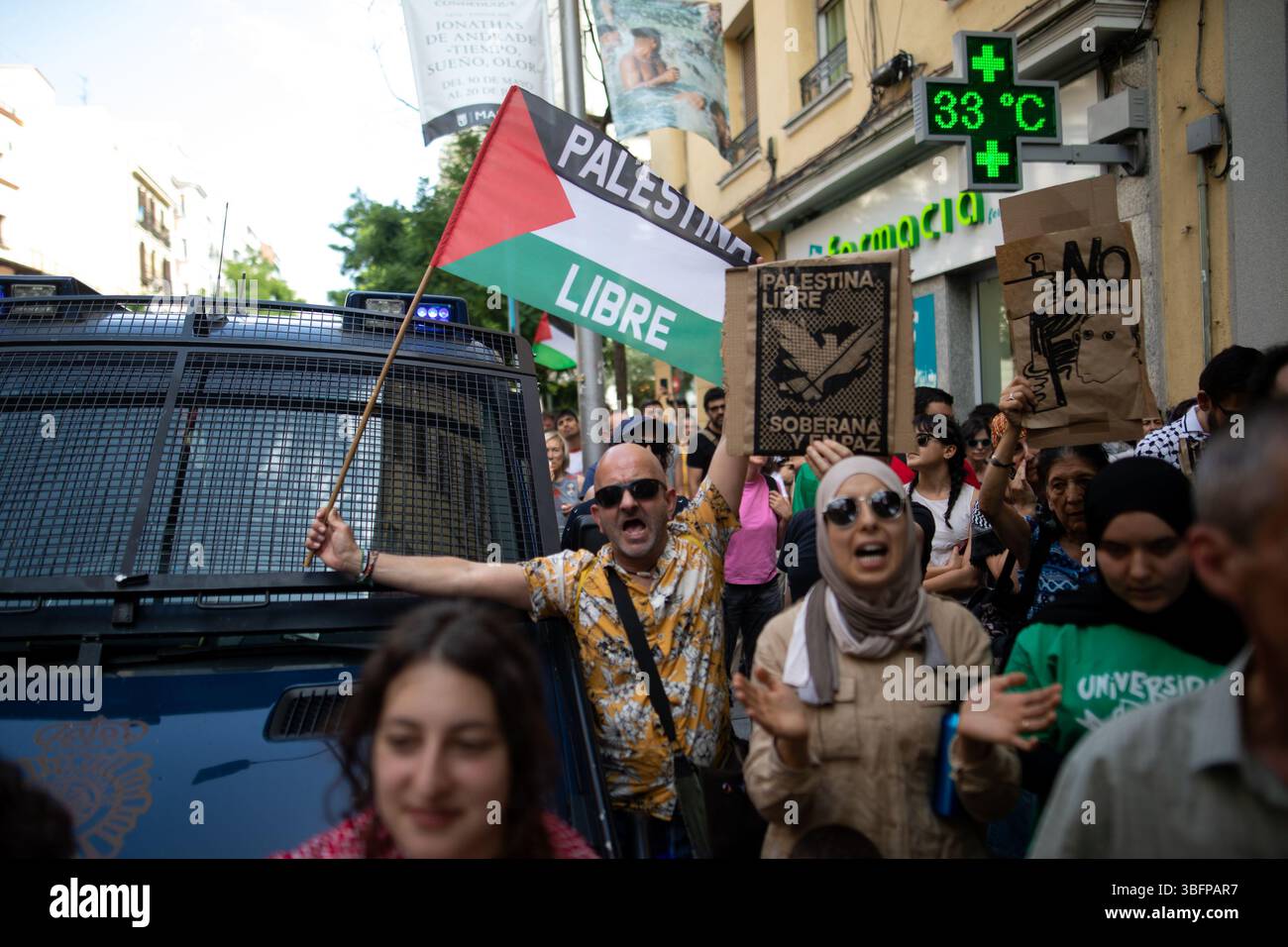 Madrid, Spain. 02nd June, 2025. A protester holds a Palestinian flag ...
