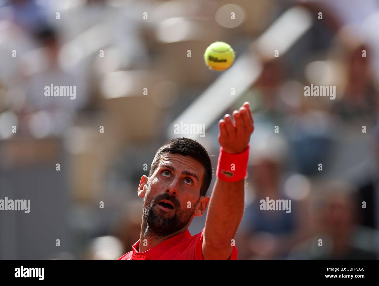 Paris, France. 2nd June, 2025. Novak Djokovic of Serbia serves to Cameron Norrie of Britain ...