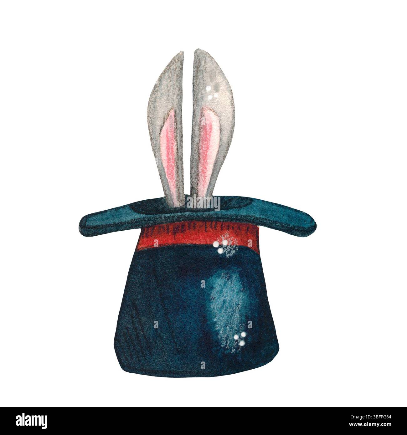 Magician's top hat with rabbit ears sticking out, watercolor ...