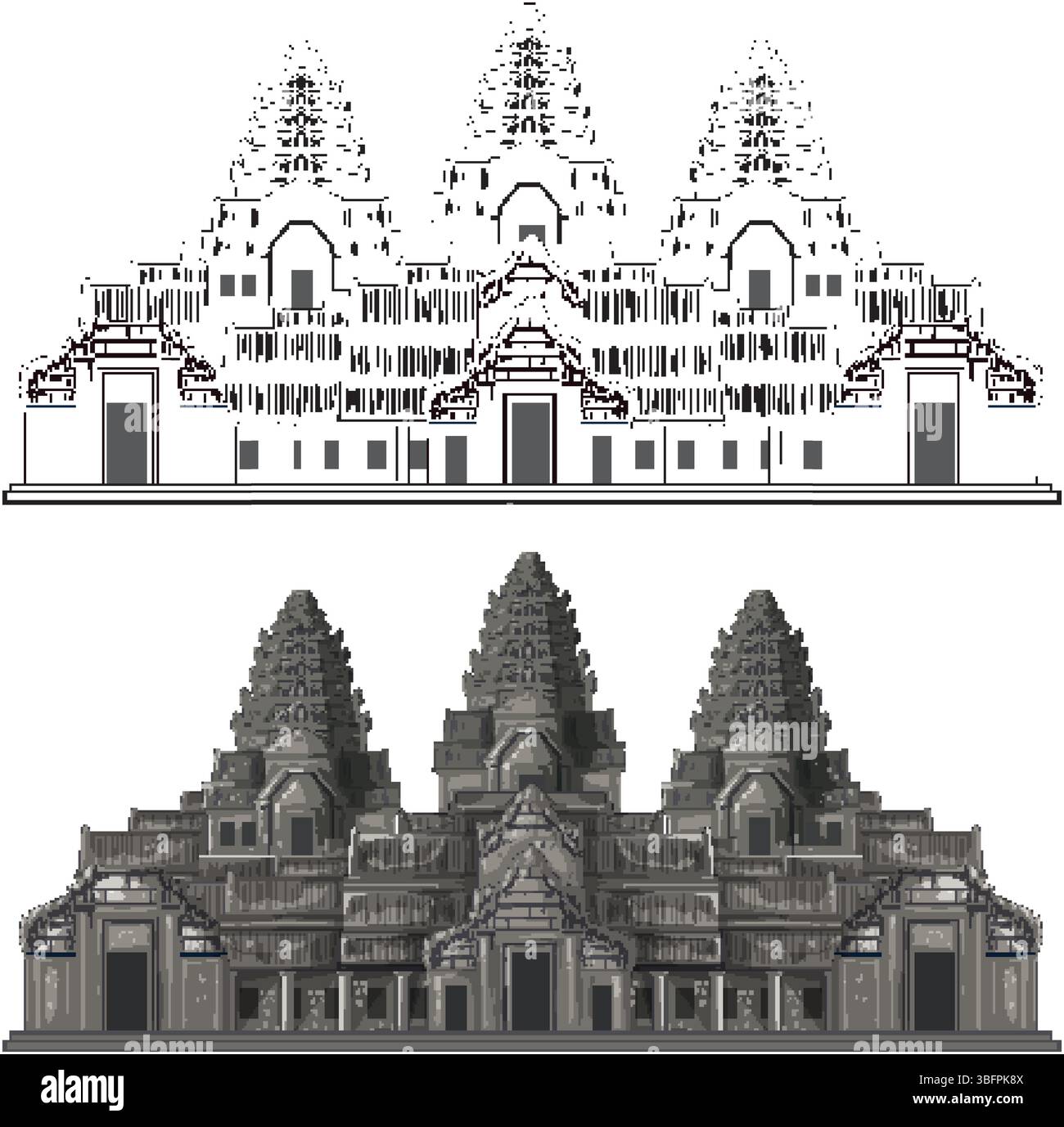 Detailed vector illustration of Angkor Wat in monochrome, showcasing ...