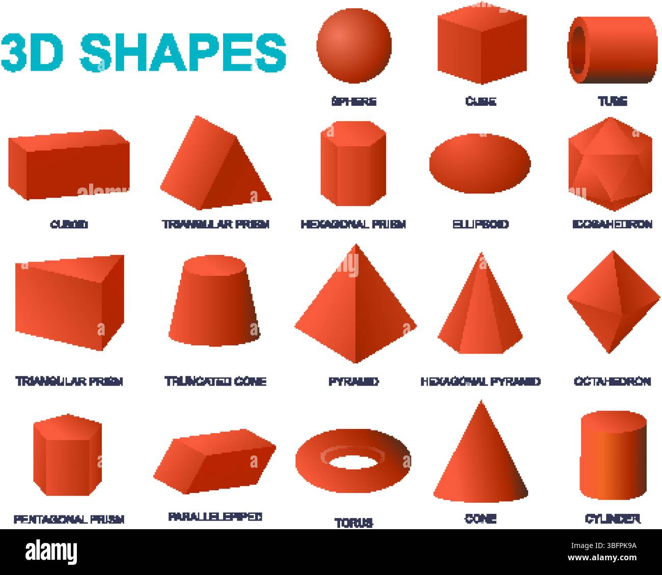 Vector illustration of various 3D geometric shapes in red, showcasing ...