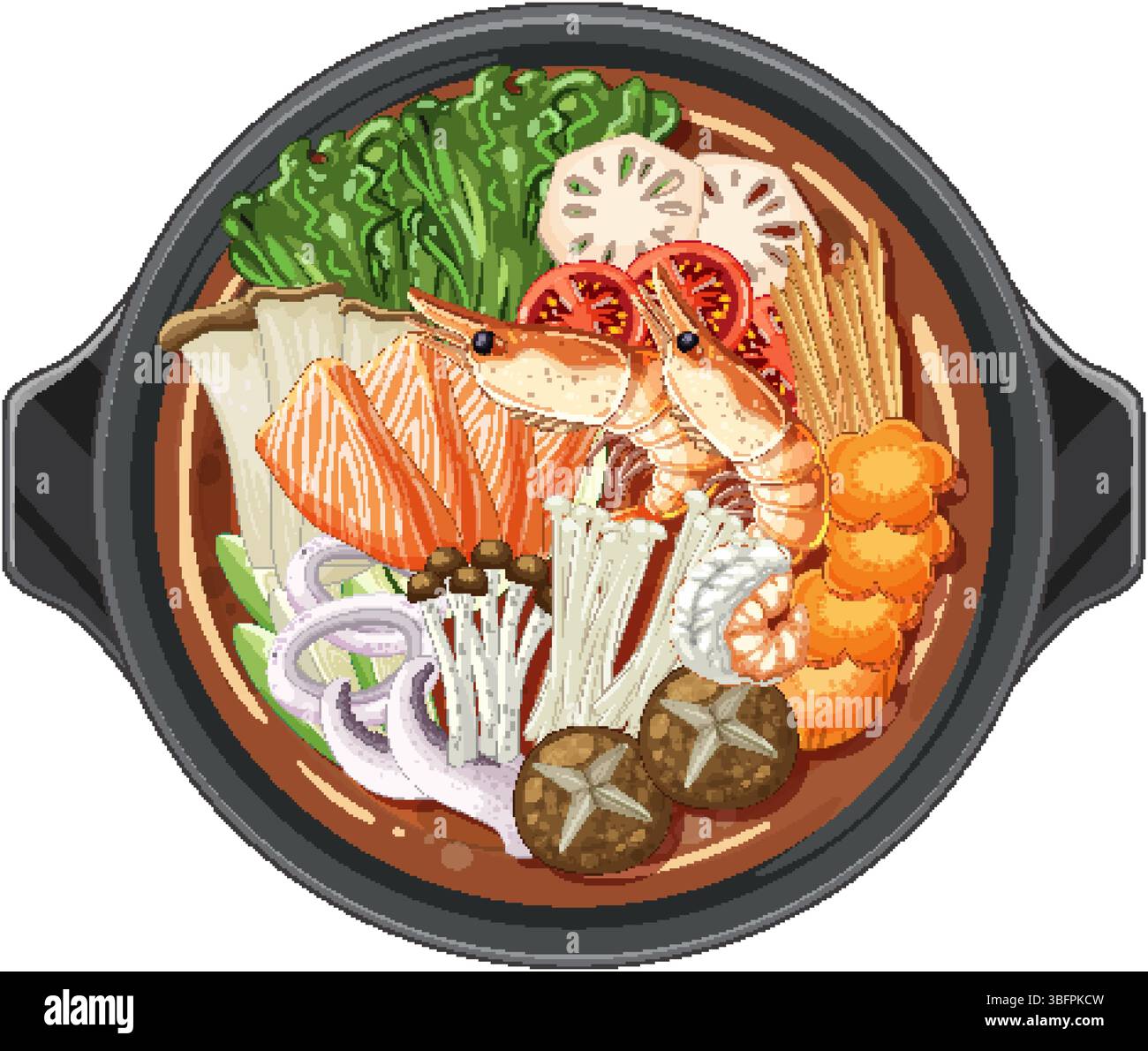 Vibrant vector illustration of a traditional Asian hot pot with seafood ...