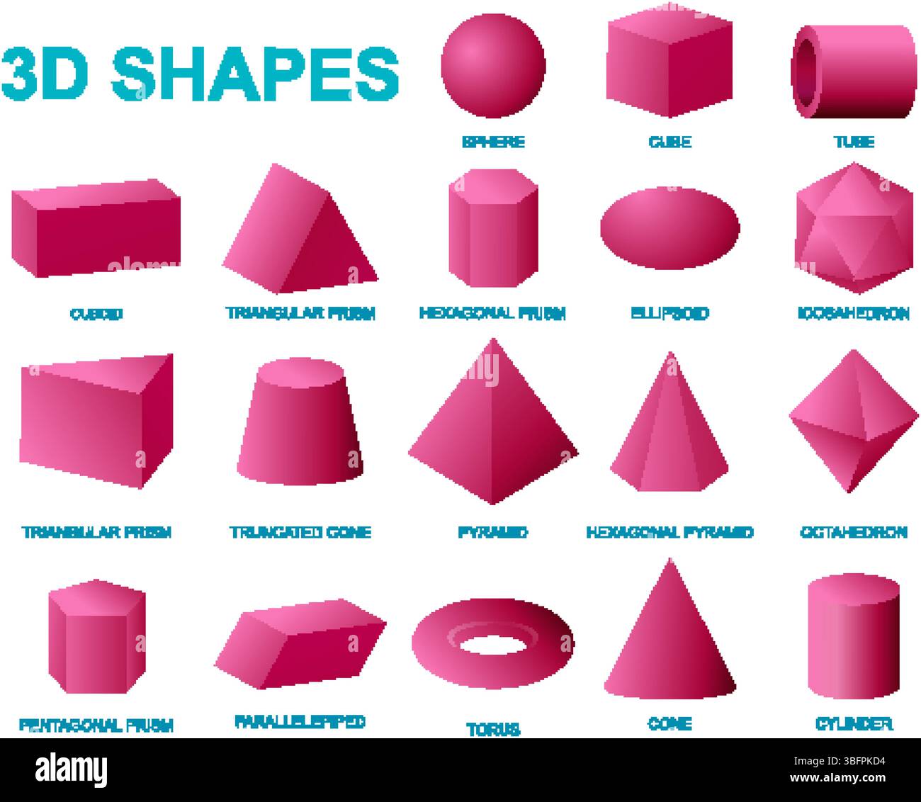 Vector illustration of various 3D geometric shapes in vibrant pink ...