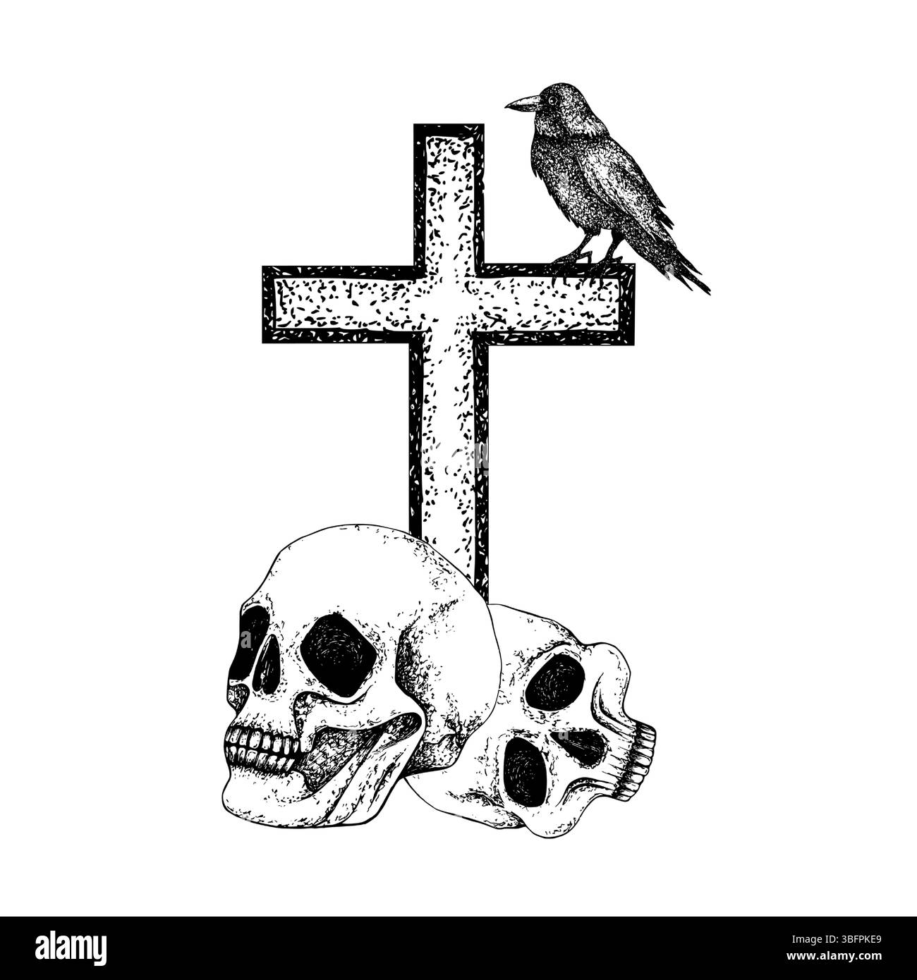 Skulls, cross, crow. Black white graphic illustration with raven ...