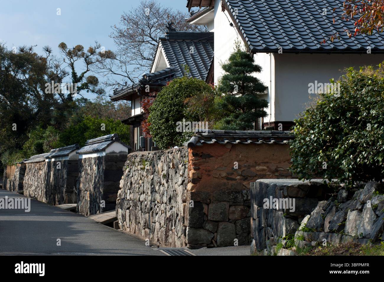 Former Edo period samurai residences behind high stone walls in the ...