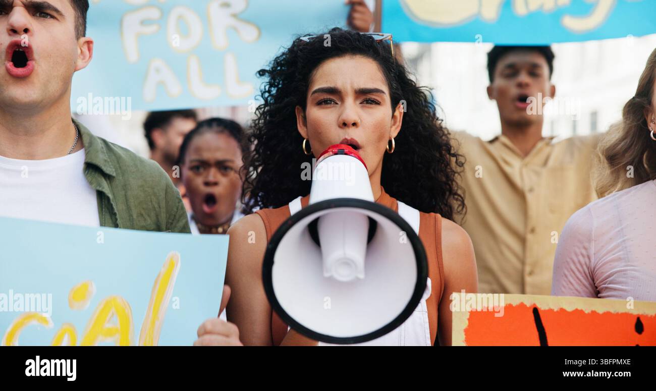 Strike, shouting and woman with megaphone in street for inflation ...