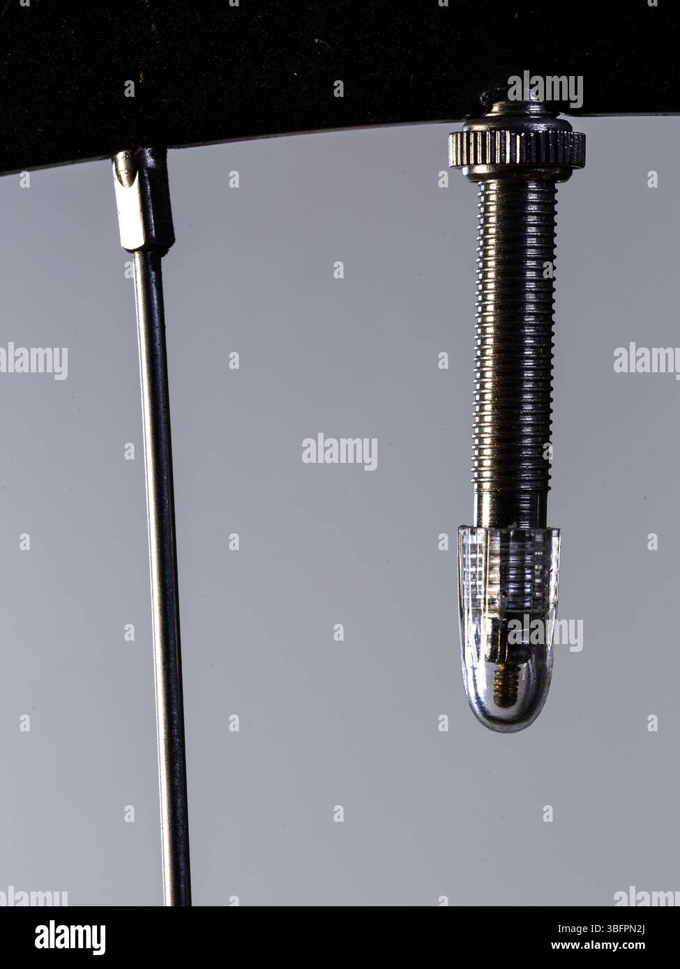 Presta valve extending from a bicycle rim and tire, revealing the ...