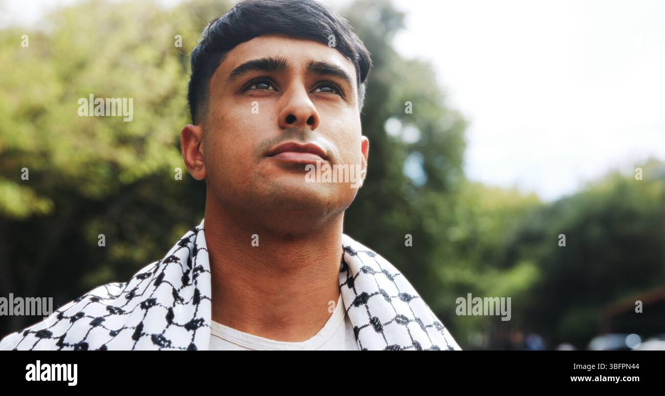 Thinking, man and keffiyeh scarf in city for islamic culture ...