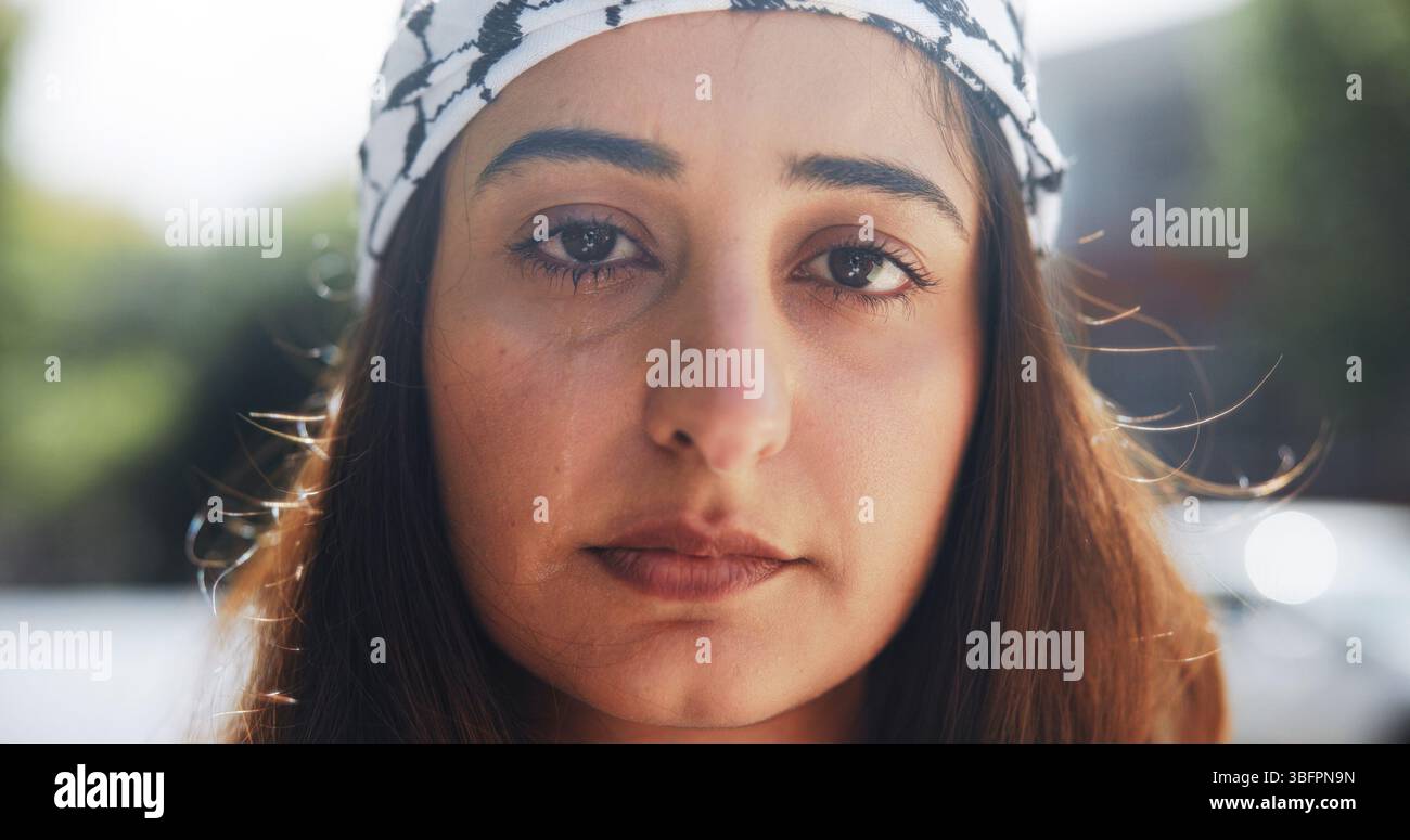 Portrait, woman and pride with keffiyeh scarf for islamic culture ...