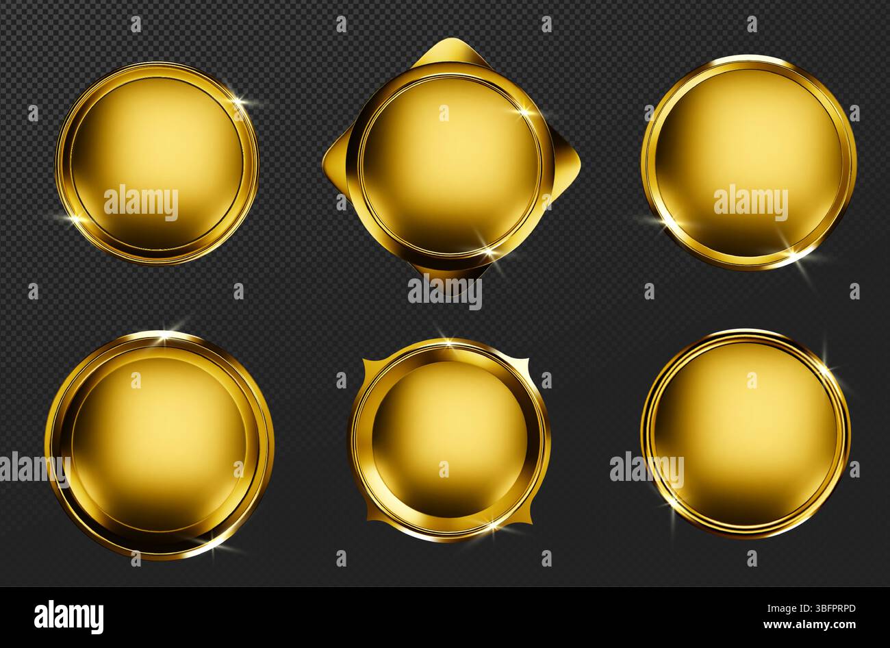 Golden metal ring frames with shiny sparkle effects on transparent ...