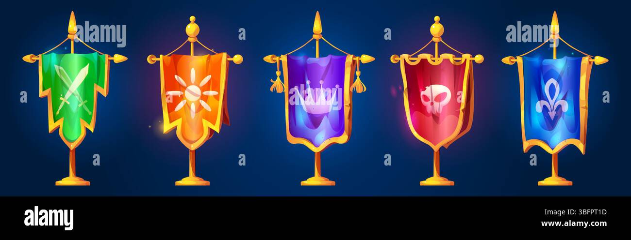 Medieval kingdom banners on golden poles - flag set with sword emblem ...