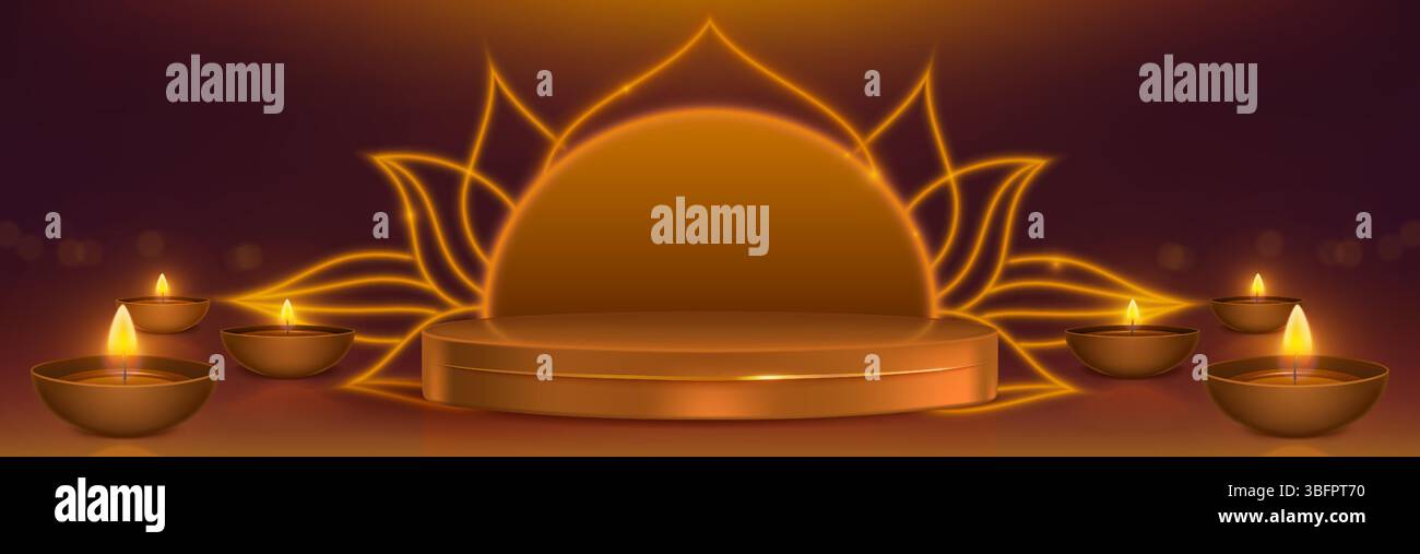 Diwali festival golden podium display with glowing lotus petals ...